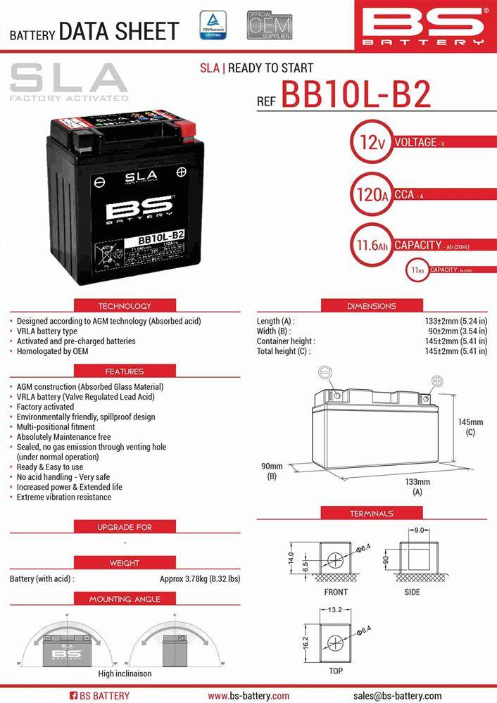 Akumulator AGM BS YB10L-B2 (BB10L-B2) (FA) 12V 11AH 136X91X146 ...